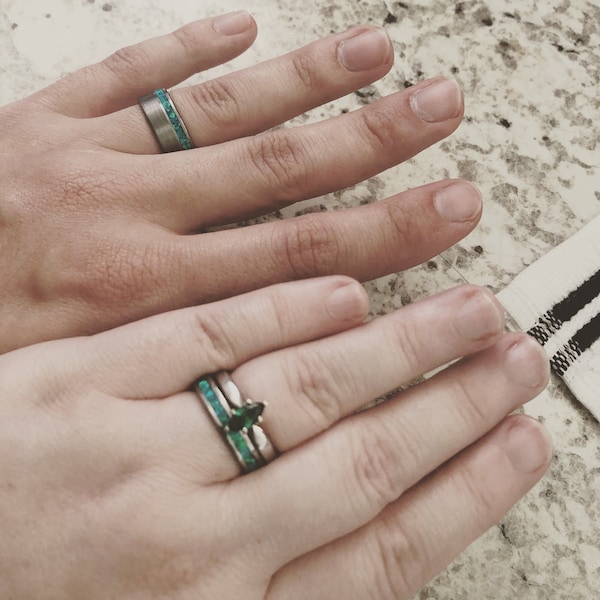 His And Her 3 Piece Opal Wedding Ring Set Green Opal Rings Etsy