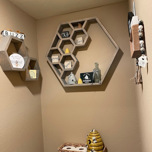 Wood Honeycomb Shelves - Unique Wall Hangings - Handcrafted Wood Bee ...