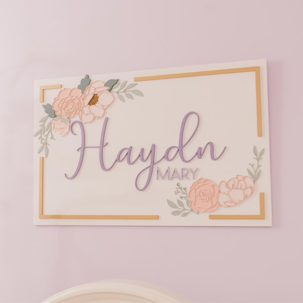 Rectangle Floral Baby Name Sign: Peony and Rose Flowers 3D Nursery Wall ...
