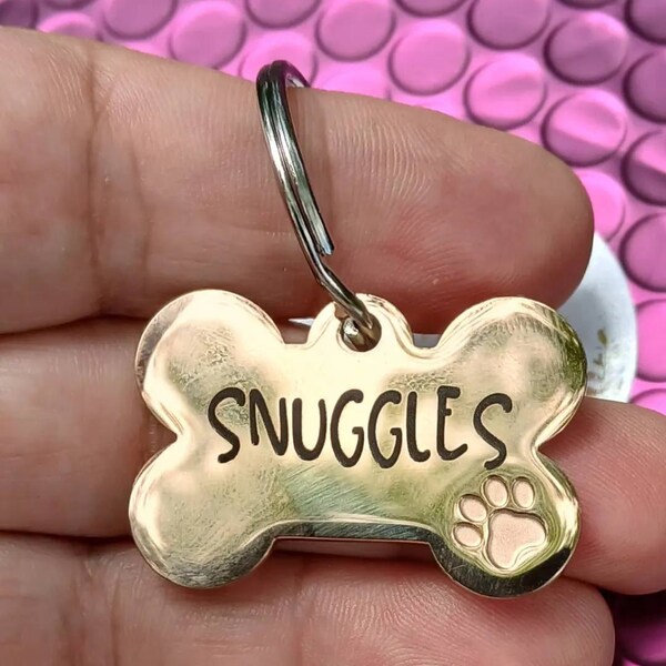 Rose Gold Personalized Dog Bone ID Tag With Dog Paw Imprint, Name ID ...