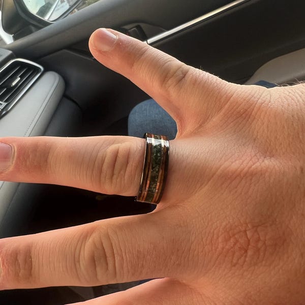 Moss Agate Men's Wedding Band, Moss Agate Ring, Whiskey Barrel Wedding ...