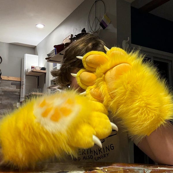 Handmade Cream-blue Cat Paw Cosplay Gloves Faux Fur Fluffy Kitten Puppy ...