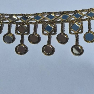 Dark Golden Mirror Trim, Symmetric Cutwork Sari Border, Wedding Dress Embellishments, Indian ...