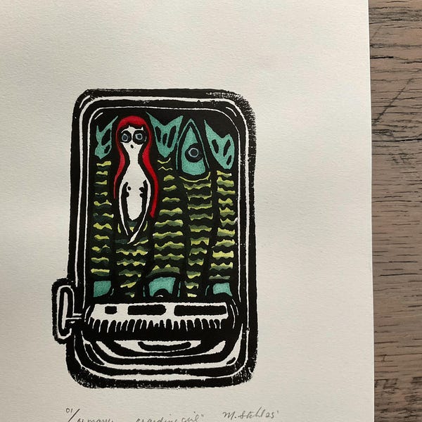 Sardine Girl | Hand Pulled Block Printed & Water Color Original Art ...