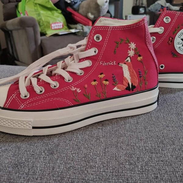 Green Hand Embroidered Fox Converse, Forest Themed Embroidered Shoes ...