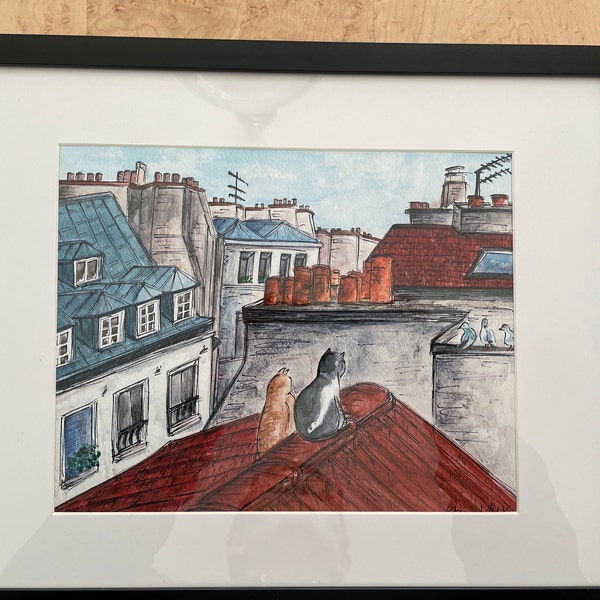 Cat Art; Paris Art; French Art Print; Rooftop; Whimsical Art Print ...