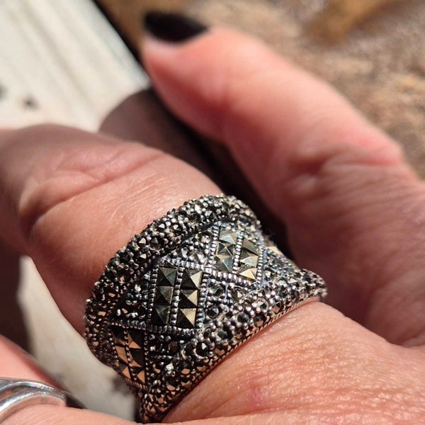My S Collection 925 Sterling Silver, Marcasite & Red Large Band Flower ...