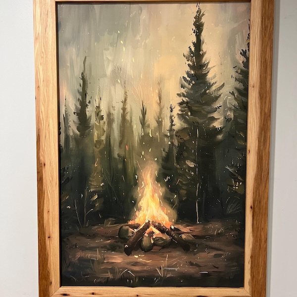 Rustic Campfire Oil Painting, Moody Pine Tree Poster Print, Camping ...