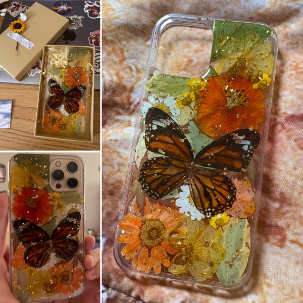 Butterfly Pressed Flowers Case for iPhone 7 8 X XR 11 12 13 14 15 16 ...