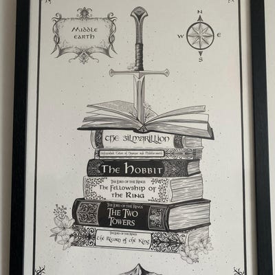 Tolkien Inspired Hand Drawn Book Stack Illustration Print // Lotr ...