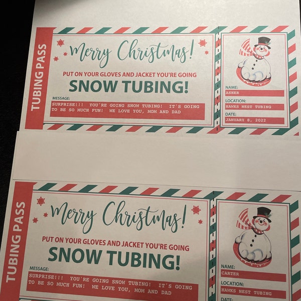 Snow Tubing Ticket Editable, Christmas Gift, Sledding Ticket Printable ...