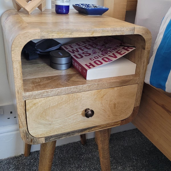 Small Curved Bedside Table With Open Shelf • Minimalist Bedside Table ...