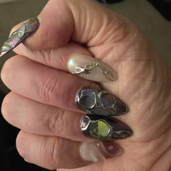 League of Legends Jinx Nail Art, Pink & Blue Graffiti Stiletto Nails ...