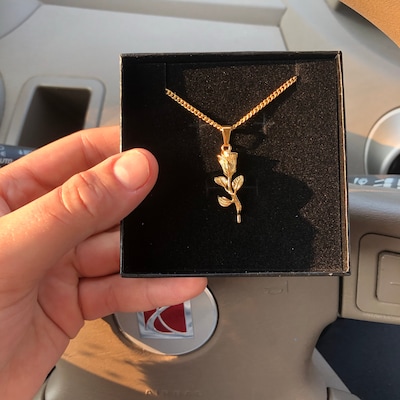 18k Gold Rose Pendant Chain Mens Rose Necklace Gold Rose Pendant ...