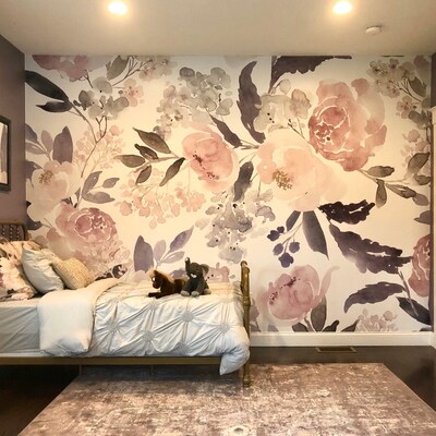 Delicate Forest Floral Large Scale Mural Wallpaper Watercolor Botanical ...