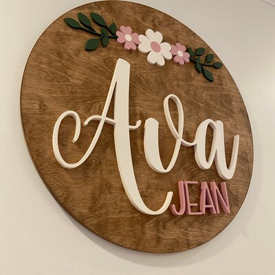 Custom Flower Name Sign 1836 Round Sign Child or Baby Name Nursery Sign ...
