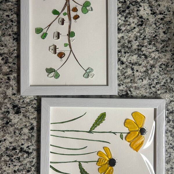 Daisies - Pebble Art & Sea Glass Picture - Framed Unique Handmade - Sea ...