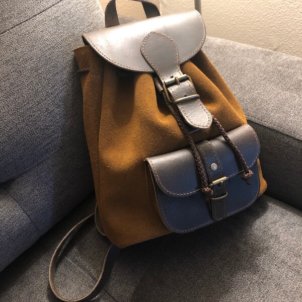 Caramel Small Backpack Suede With Dark Brown Leather Top and Pocket ...