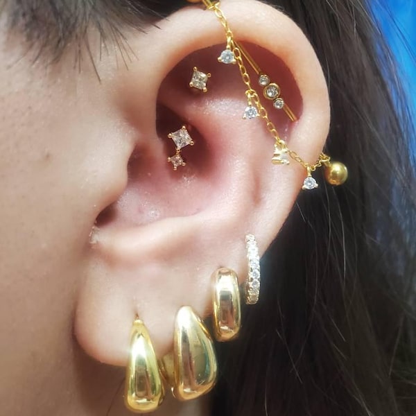 Dainty Industrial Barbell and CZ Chain for Piercing, Gold Sterling ...