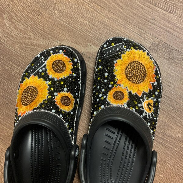 Bedazzled Sunflower Inspired Black Crocs - Etsy