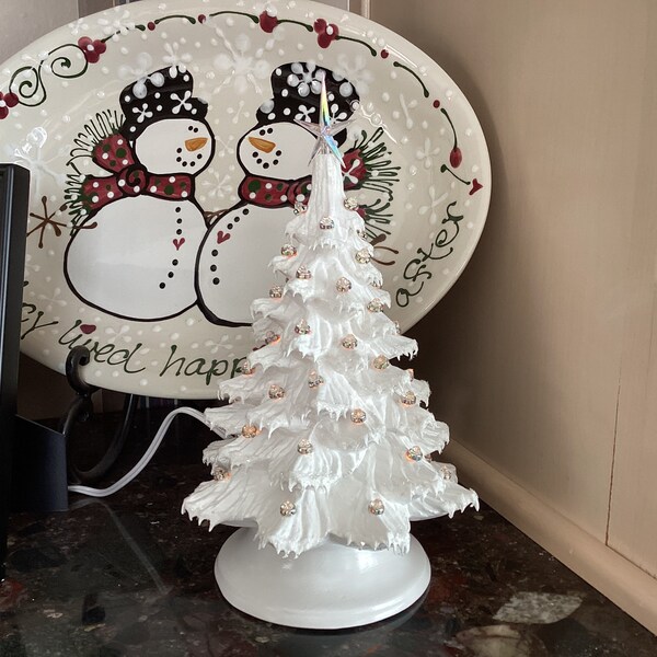 Ceramic Christmas Tree Small White Red and Green Gems Golden Shimmer ...