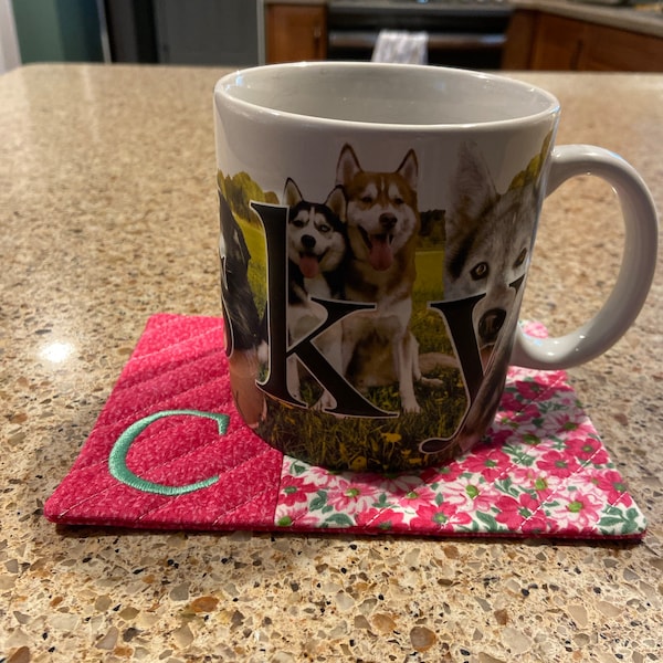 Monogrammed Mug Rug, Embroidered Mug Rug, Floral Mug Rug, Personalized ...