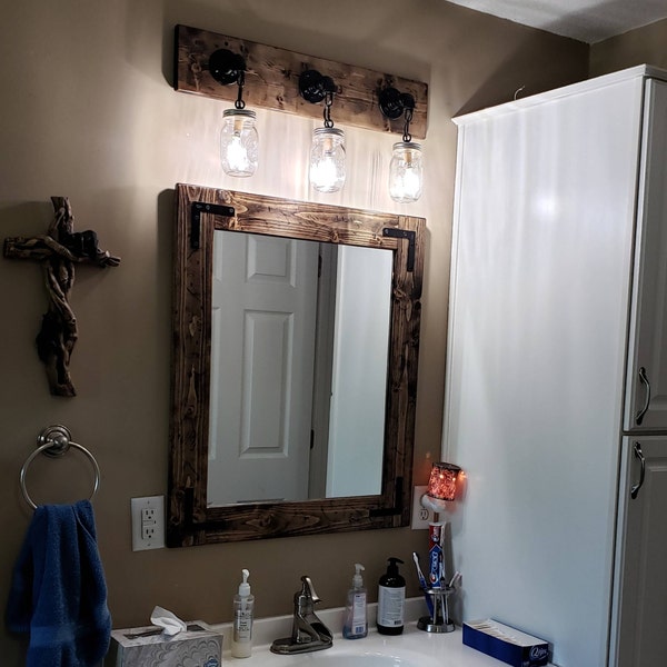 Bathroom Set - RUSTIC DISTRESSED Vanity Mirror With Mason Jar Light ...