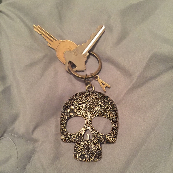 Sugar Skull Keychain, Huge Bronze Sugar Skull Key Ring, Giant Flower ...