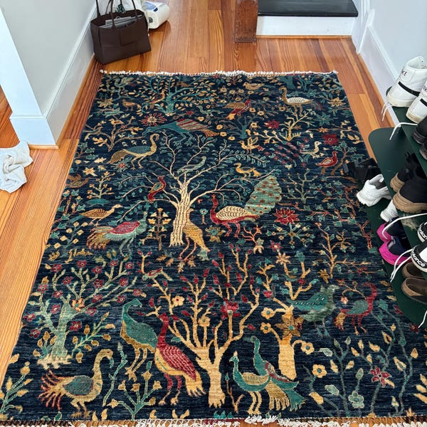 6x6 Round Rug, Handmade Afghan Blue Floral Persian Circle Rug, Oriental ...