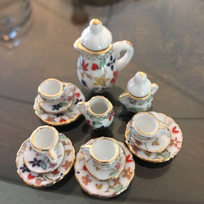 Floral 1:12 Miniature Tea Set Porcelain Ceramic Teapot Sugar Bowl ...