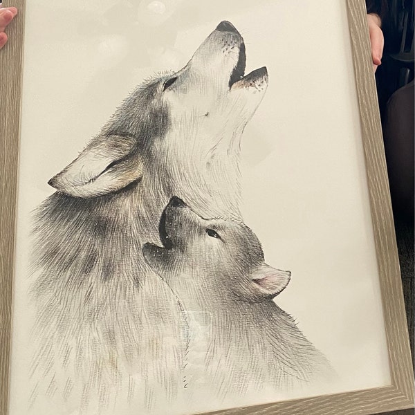 Wolf Art, Mother and Baby Wolf Print, Mama Wolf and Cub, Howling Wolf ...