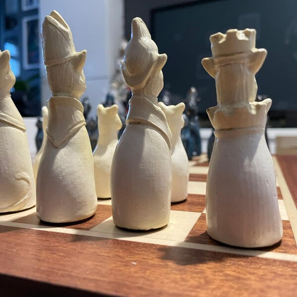 Made to Order – Chess Set, Royal Cats Design in a Stone and Aged Blue ...