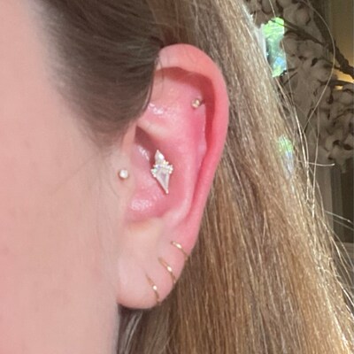 14K Solid Gold Moss Agate Rook Eyebrow Earring 3 Marquise Flower Curved ...