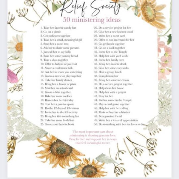50 Ministering Ideas Printable for Relief Society, Relief Society 50 ...