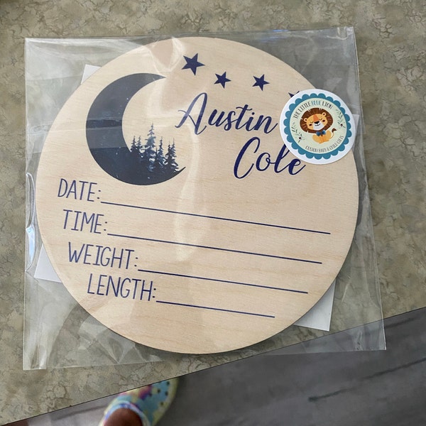 Birth Stat Sign, Round Wood Birth Stat Sign, Moon and Stars Nursery ...