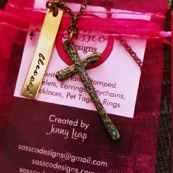 Blessed Cross Necklace Turquoise Patina Jewelry Christian Gift Cursive ...