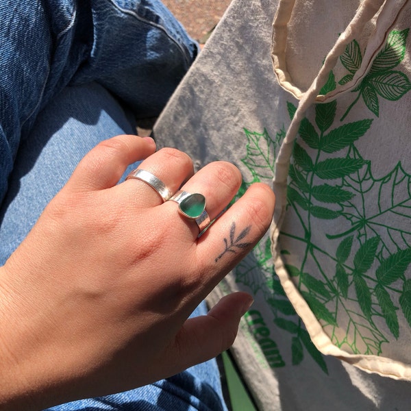 Teal Hammered Sea Glass Ring, Wide Band Sterling Silver Ring, Sea Glass Jewelry, Ocean Ring ...