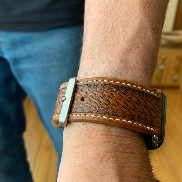 Hand Tooled Leather Apple Watch Strap, Brown - Etsy