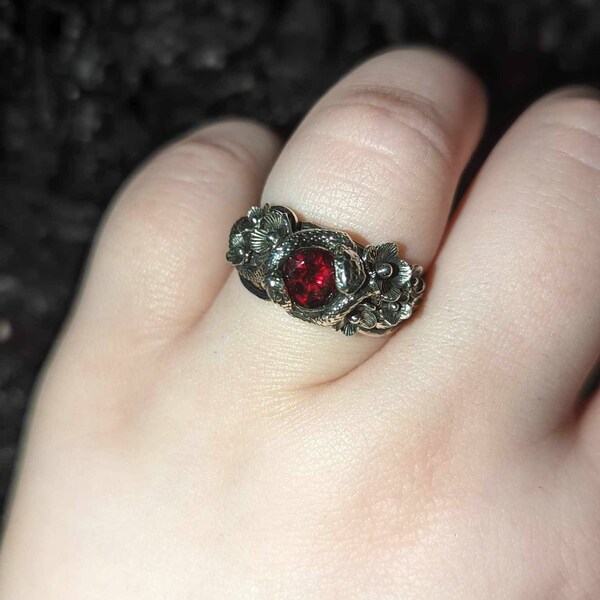 Garnet Snake and Flower Ring, Nature Inspired Ring, Magical Garden Ring ...