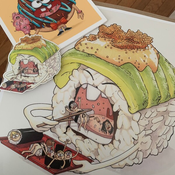 Sushi Roll Art Print Eating Humans // Illustrated Wall Art, Original ...