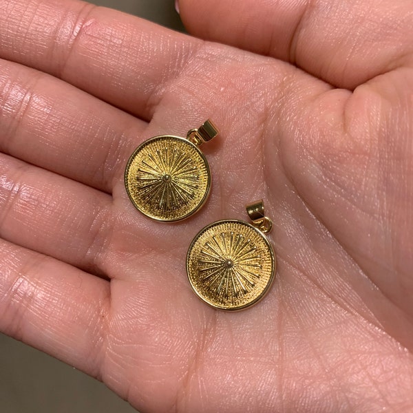 24k Gold Filled Round Coin Medallion Pendant, Sunburst Charm Necklace ...