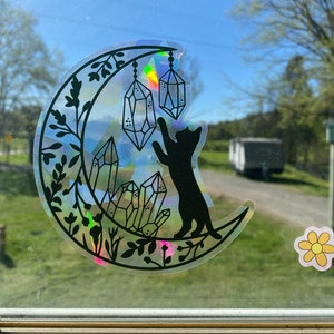 Cat Rainbow Window Sticker, Holographic Moon Suncatcher Decal, Rainbow ...