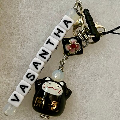 Custom Name Charm Kawaii Cat Phone Charm Black Maneki Neko Phone Charm ...