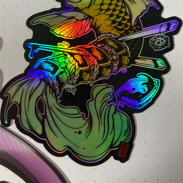 Japanese Sushi Koi Fish Holographic Sticker - Weather-resistant Vinyl ...