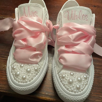Pearl Toe Wedding Sneaker, Ribbon Laces, Bling, Bride Shoes, Wedding ...