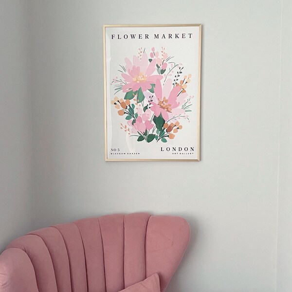 Flower Market London Poster, Pink Flower Prints, Plant Wall Art, Boho ...
