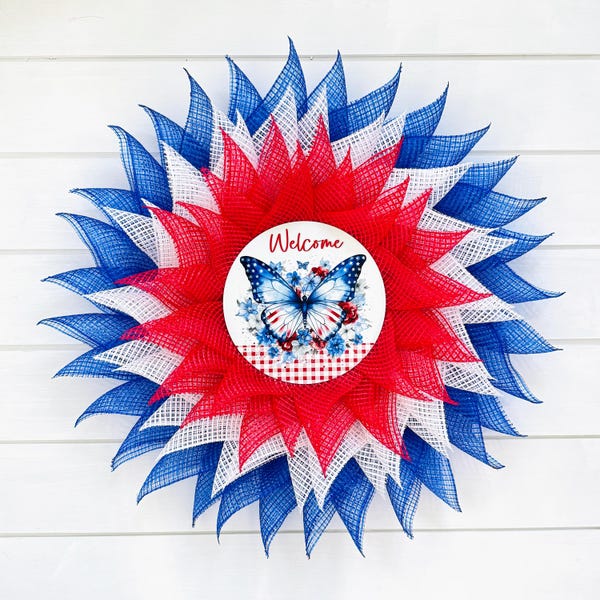 Round Patriotic American Flag and Florals Butterfly Wreath Sign, UV ...