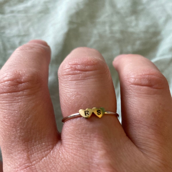 Double Heart Personalized Ring, Heart Ring , Stacking Ring, Initials ...