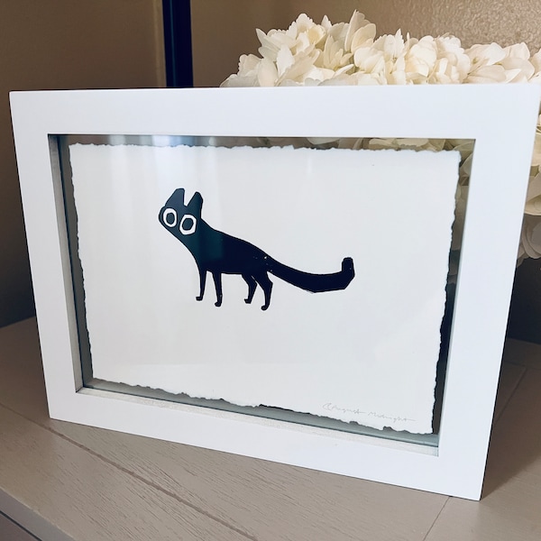 Little Black Cat Linocut - Printmaking - 7x5 Animal Art - Deckle Edge ...
