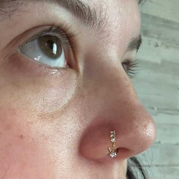 20g Gold CZ Dangling Nose Ring. Bendable Sparkling Gem Nose Ring Hoop ...